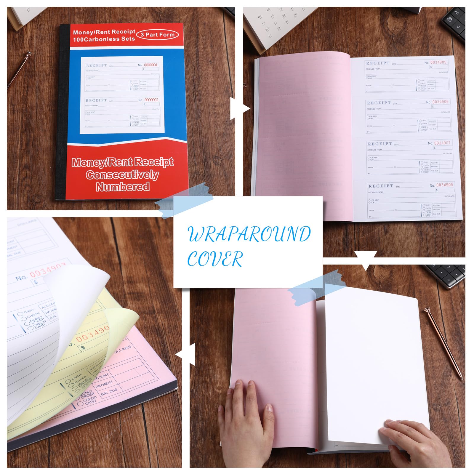 Crtiin 6 Books Money and Rent Receipt Book 3 Part Carbonless Receipt Book, 7-5/8" x 10-7/8", Bound Cover Receipt Log Book 100 Sets Per Book 4 Receipts Per Page