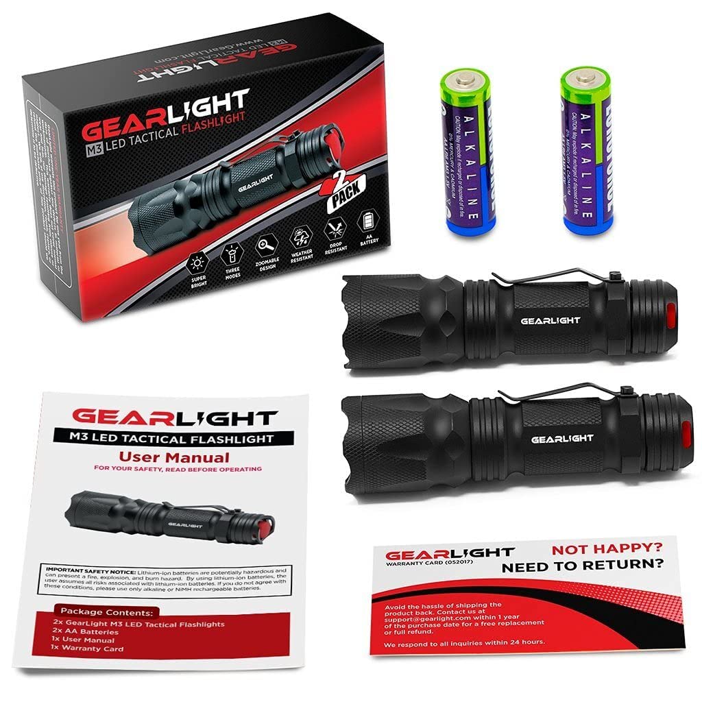 GearLight M3 Mini LED Flashlight - 2 Bright, Small Tactical Flashlights with High Lumens and Pocket Clip for Camping, Outdoor & Emergency Use 
