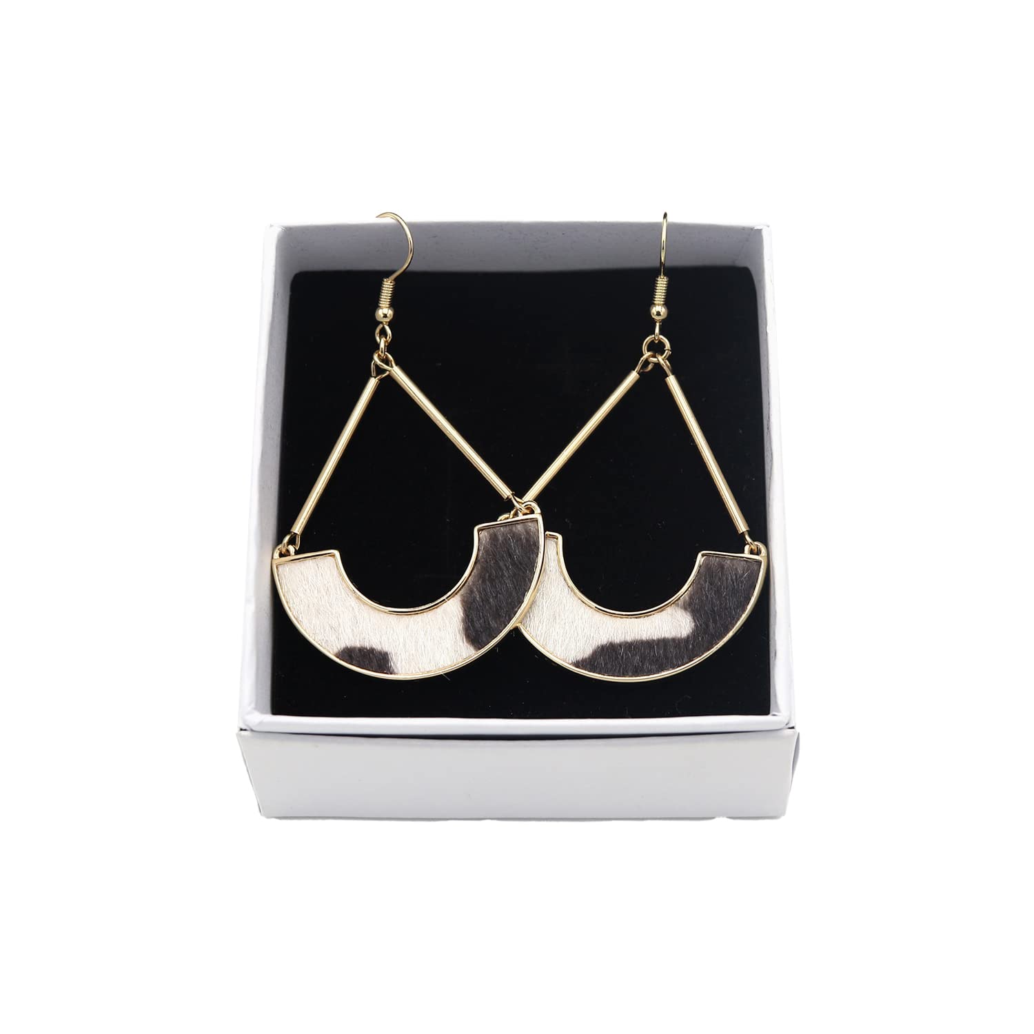 Cow Print Drop Dangle Earrings For Women Bohemian Leather Hoop Earrings Semicircle White Black Western Earring (White Black)