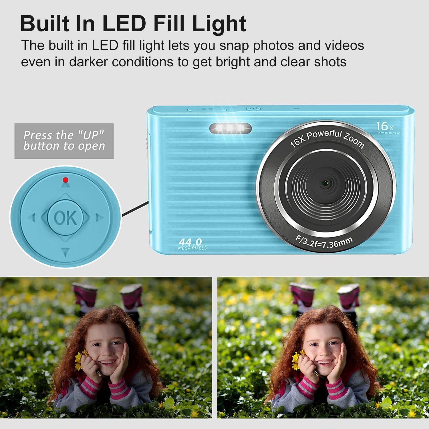 eDealz 44MP Digital Camera Compact Point & Shoot Camera, 16X Zoom, 32GB SD Card, Card Reader 6" Tripod and 6PC Card Holder Kids Camera 2.4" Screen, Vlogging Camera for Teens, Kids, Adults (Blue)