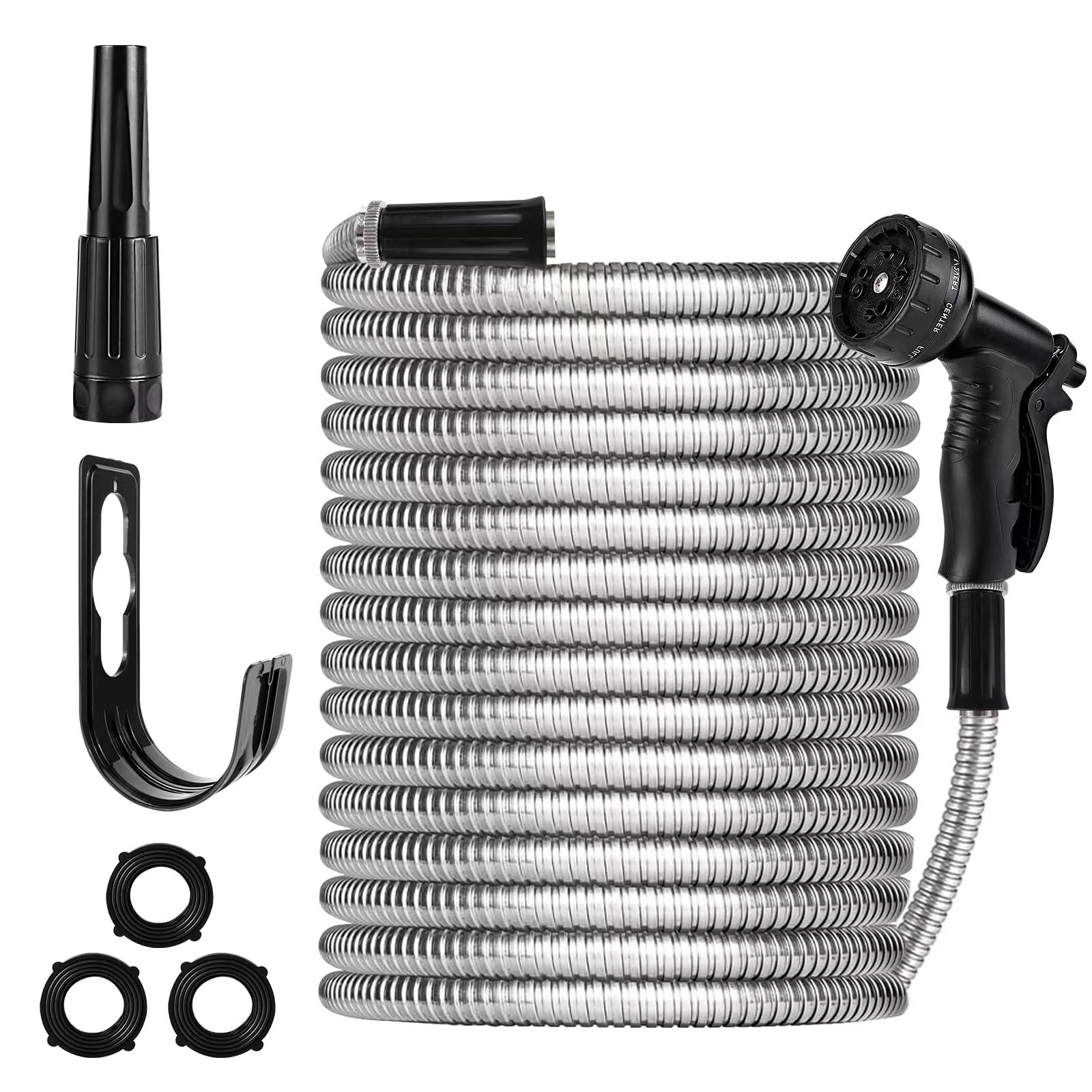 CUHBIV Metal Garden Hose 50FT,Stainless Steel Metal Hose with 10 Function Nozzle, Heavy Duty Collapsible Water Hose with Hose Holder,Kink Free & Tangle Free Flexible Garden Hoses for Outdoor