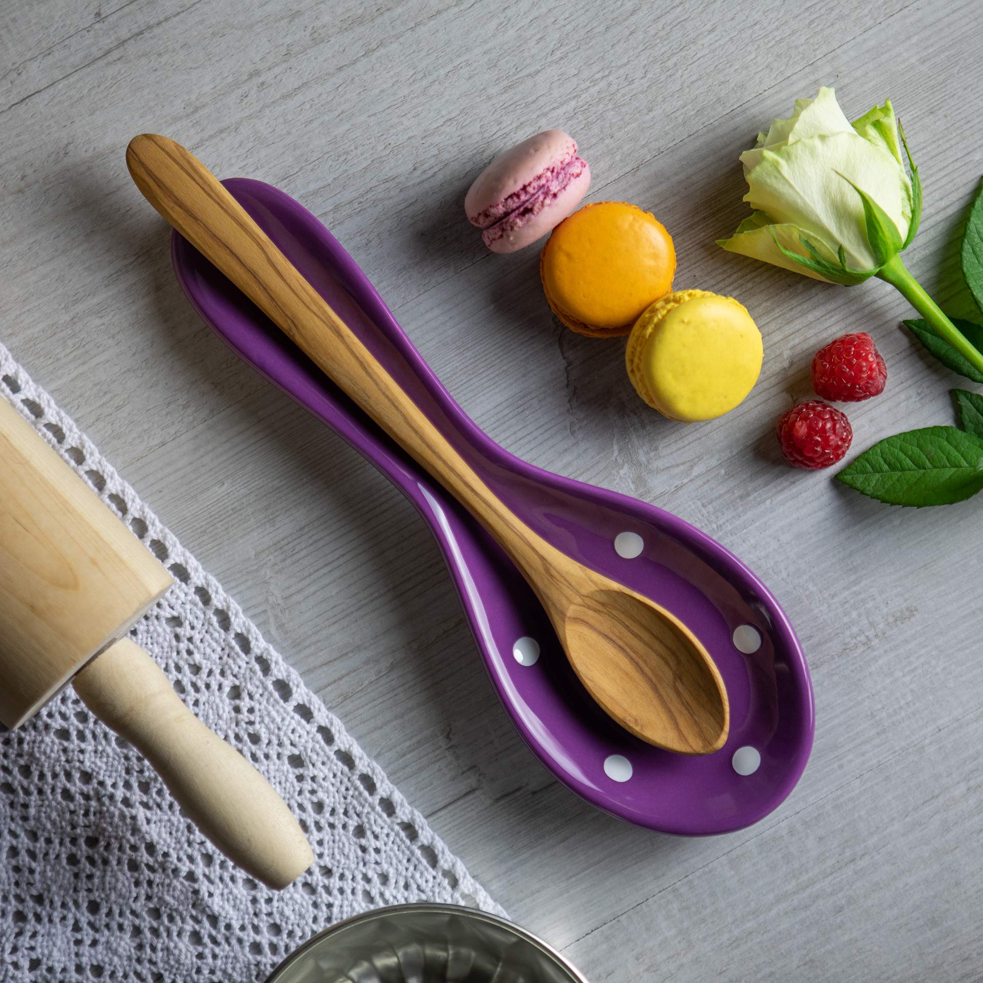 Handmade Purple and White Polka Dot Ceramic Kitchen Cooking Spoon Rest | Pottery Utensil Holder | Housewarming Gift by City to Cottage®
