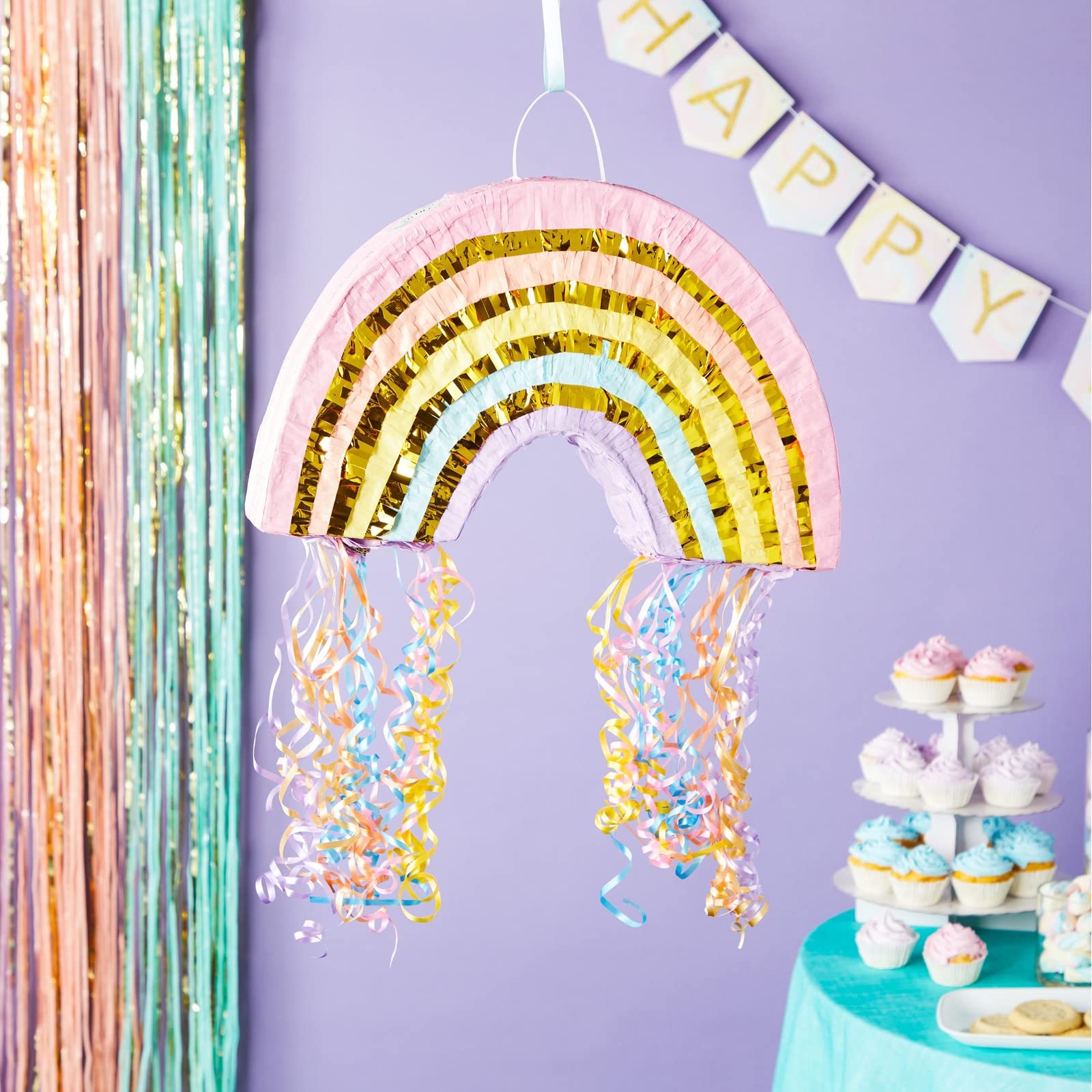 Rainbow Pull String Pinata for Pastel Birthday Decorations, Gender Reveal Party Supplies (Small, 16.5 x 10 x 3 In)