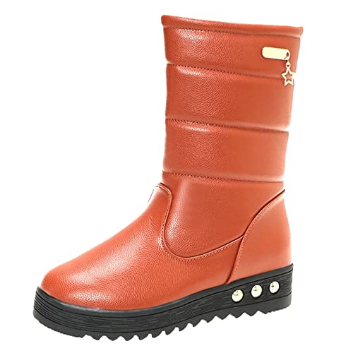 FASDNENDYS Womens Mid Knee High Boots Plush Thermal Winter Shoes Slipon Breathable Medium Cowboy Boots Women