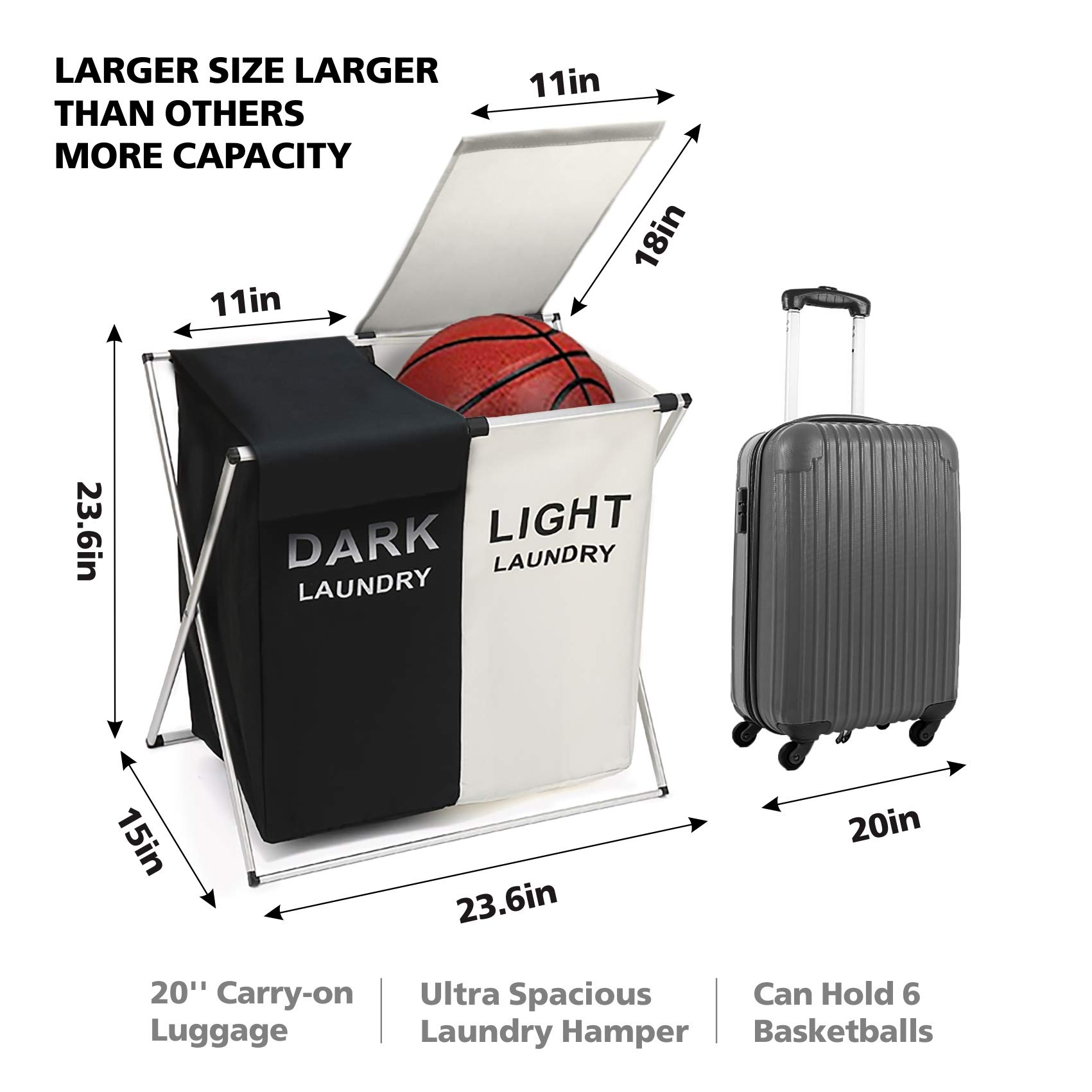 Double Laundry Hamper with Lid and Removable Laundry Bags, 125L Large Foldable Dirty Clothes Organizer Storage Bag with Handle and Aluminum Frame for Home Bathroom Dorm
