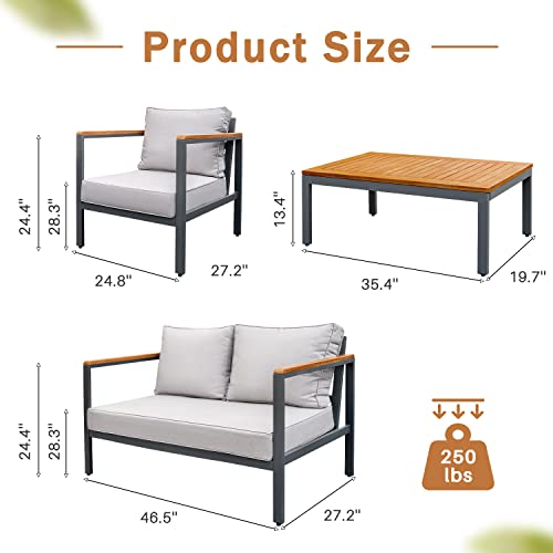Greesum 4 Piece Furniture Patio Lounge Conversation Set Solid Wood Armrest & Table Top Anti-Drop Thick Waterproof Cushion, Beige