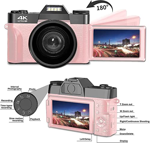 eDealz 4K 48MP Digital Camera Kit Photography Vlogging Camera for YouTube with Flip Screen, WiFi, Wide Angle & Macro Lens, 64GB Micro SD Card, 12" Flexible Tripod, Carrying Case, Card Reader (Pink)