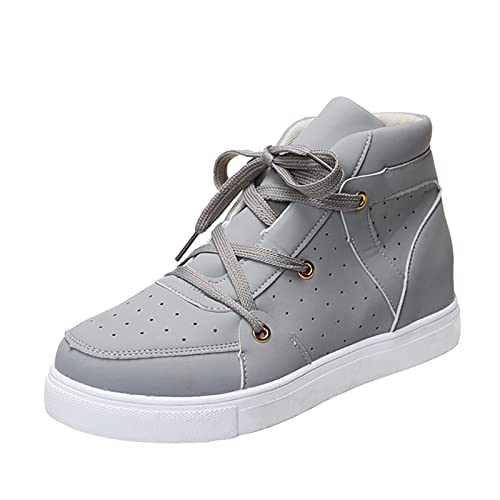 FASDNENDYS Ladies Fashion Solid Color Leather Surface Breathable High Top Lace Up Flat Casual Dotted Shoes Grey