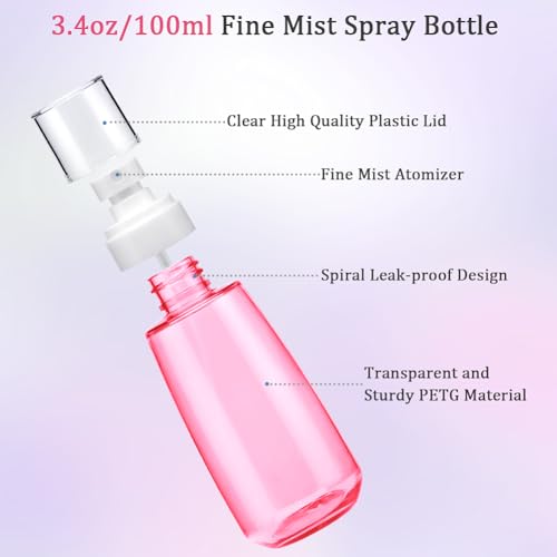 Cosywell Fine Mist Spray Bottle TSA Approved 3.4oz/ 100ml Empty Cosmetic Refillable Travel Containers Plastic Hair Spray Bottle Sprayer for Perfume Skincare Makeup Lotion (3color)