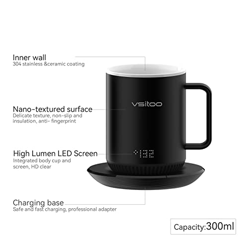 vsitoo Temperature Control Smart Mug 2 - Keep Your Coffee Hot All Day, Self Heating Coffee Mug with LED Display, 10 oz, 90 Min Battery Life - App&Manual Controlled Heated Coffee Mug - Coffee Gifts