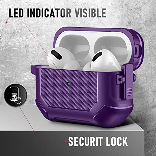 Maxjoy Compatible with AirPods Pro Case, Carbon Fiber Secure Lock Clip Full Body Shockproof Hard Shell Protective Case Cover with Keychain for AirPod Pro (2019), Purple
