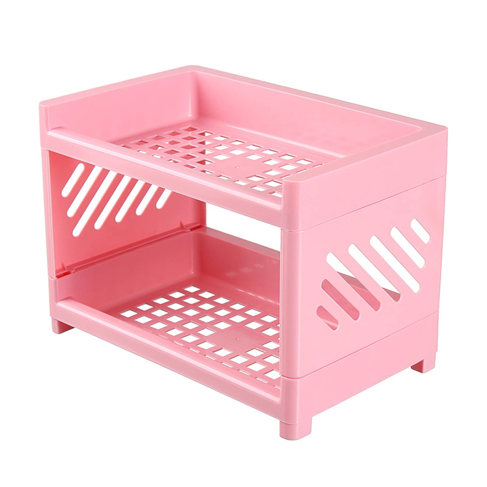 XINGWANG Double-Layer Desktop Storage Rack, Foldable Office Stationery Storage Rack,Kitchen Seasoning Storage Rack, Bathroom Cosmetic Storage Rack (Pink, 2-Layer)