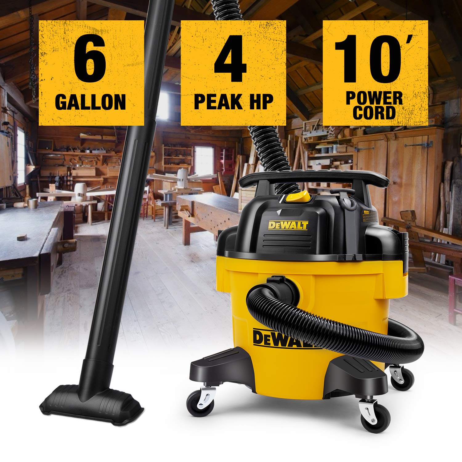 DEWALT Wet Dry Vacuum, 6 Gallon 4HP Poly Shop Vacuum, Long Life Cycle with Cartridge Filter, 4 Casters, 3 in 1 Function
