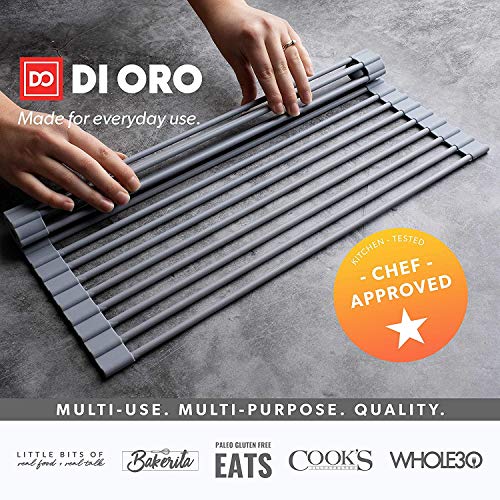Roll Up Dish Drying Rack - Large Silicone Dish Drying Rack Over The Sink Kitchen (20.5" x 13") - Foldable Farmhouse Sink Drying Rack - Heavy- Duty Stainless Steel Core - Dishwasher Safe by DI ORO