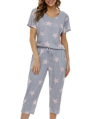 MOYEE Women's Pajama Set Soft Lounge Outfits Short Sleeve Capri Pants with Pockets(#01 Grey Ps, Large)