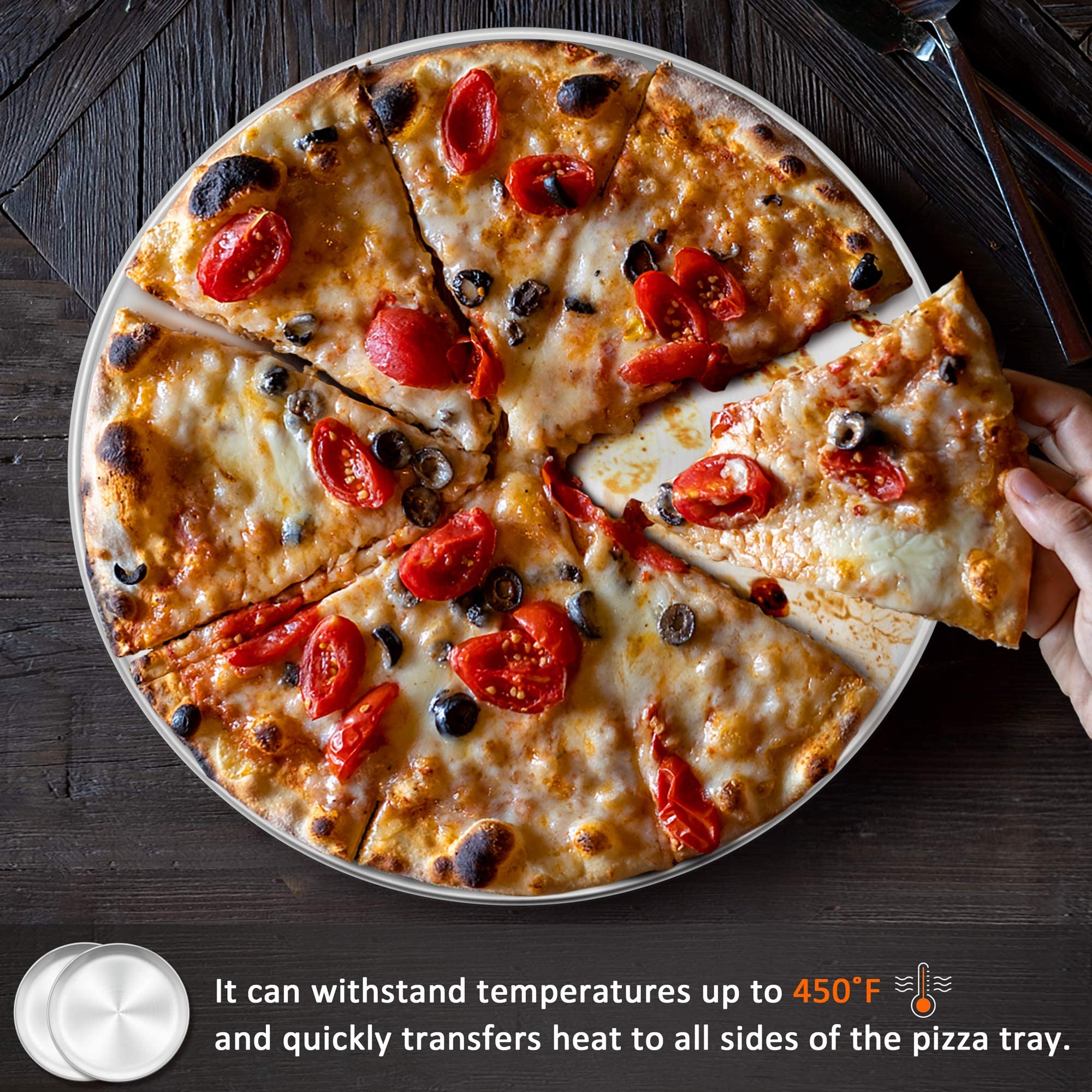 Herogo 12 Inch Stainless Steel Round Pizza Pan Set of 2, Large Healthy Pizza Tray Platter for Oven Baking Serving, Dishwasher Safe