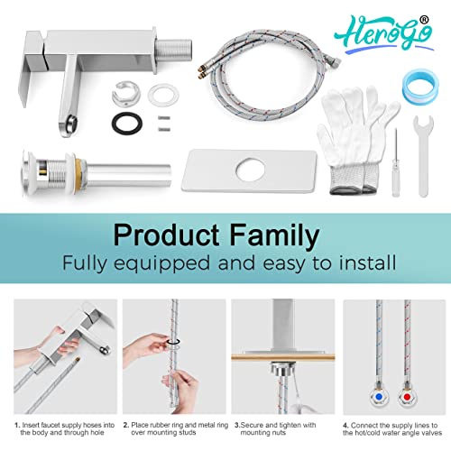 Herogo Brushed Nickel Bathroom Faucet, Stainless Steel Bathroom Sink Faucets with Brass Pop-up Sink Drain Stopper & Deck Plate 1 or 3 Hole, Single Handle RV Lavatory Faucet with 2 Water Hoses