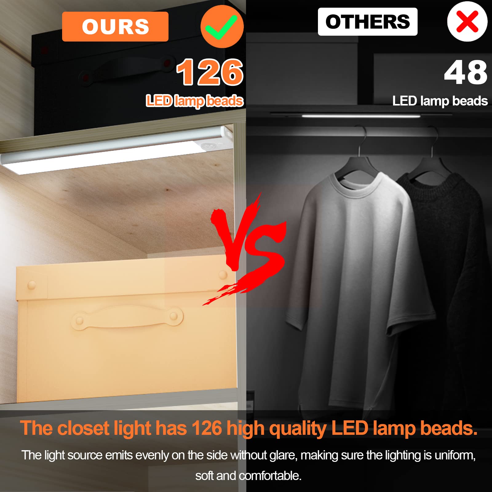 EAUTOR Under Cabinet Lights Motion Sensored β 126 LED Closet Lights Rechargeable Led Light Strip Motion Sensor Closet Lights Stick-On Magnetic Led Under Cabinet Lighting