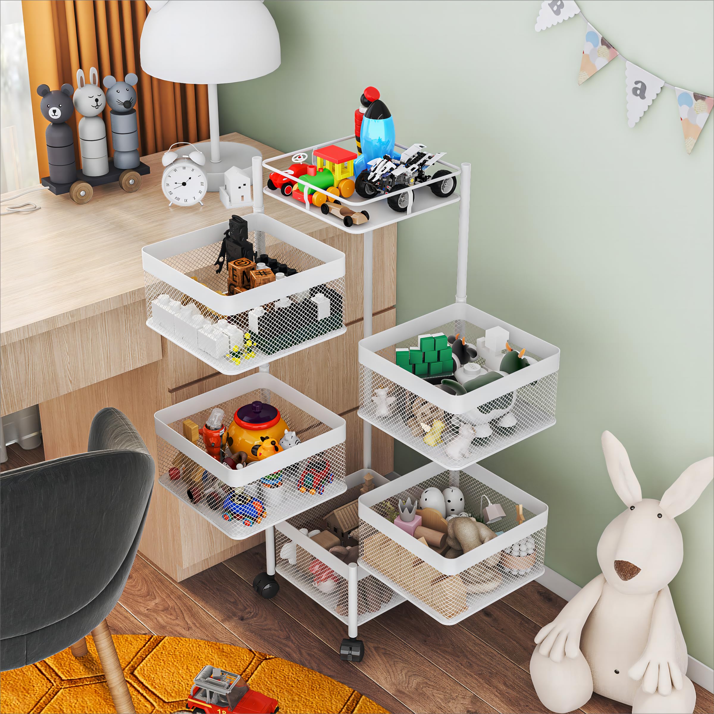 xinyourui Fruit Basket for Kitchen No Assembly,Rotating Kitchen Storage Rack,Bathroom Shelf, Organizers and Storage Cart on Rolling Wheels,Potato and Onion Storage Organizer(White, 5 Tier-Square)