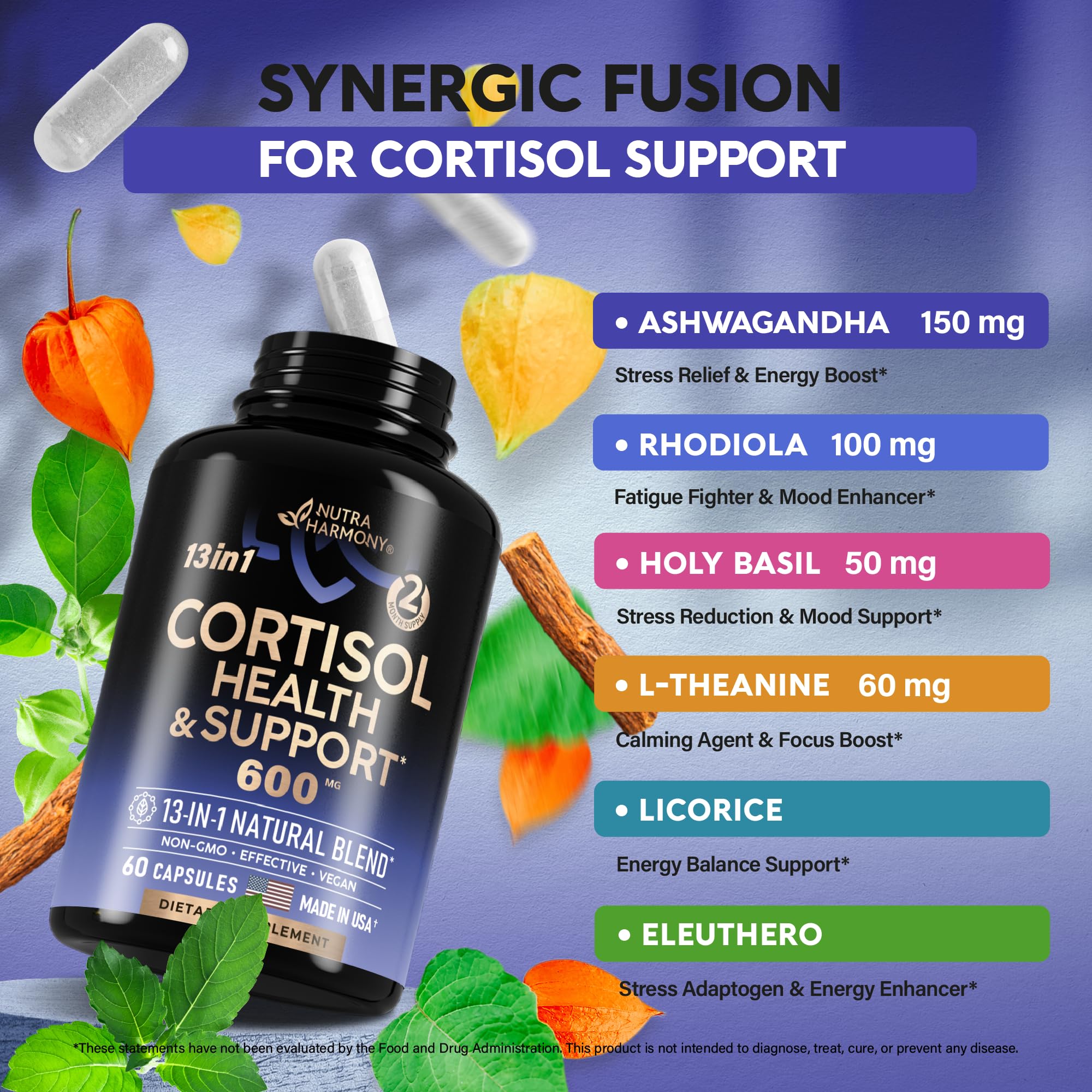 Cortisol Supplement - Made in USA Supplement - Mood, Focus, Sleep Support - Vegan, Non-GMO, 2 Month Supply, Natural Flavor