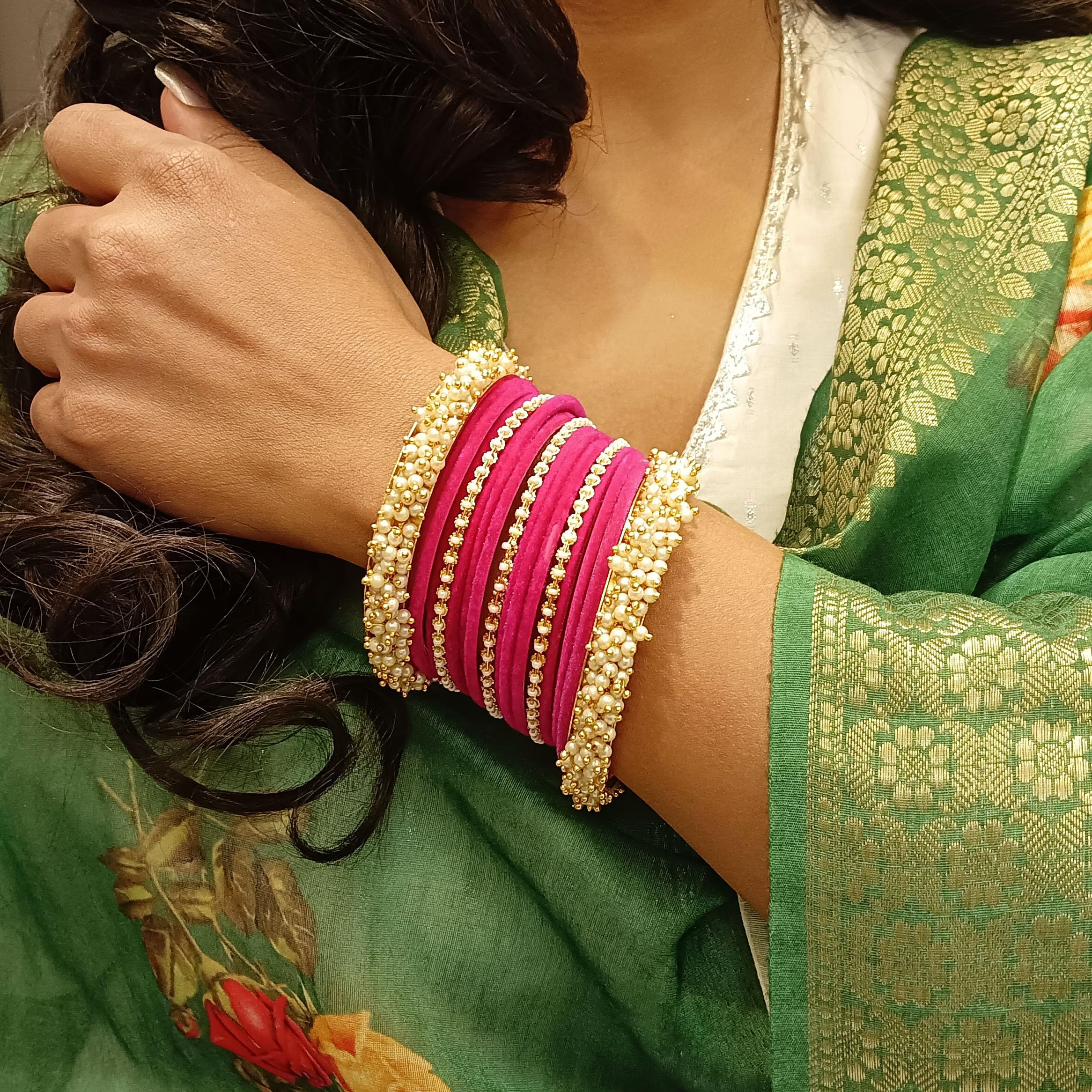 Efulgenz Indian Bangle Set Faux Pearl Bracelet Bangle Velvet Bangles Wedding Bridal Jewelry for Women