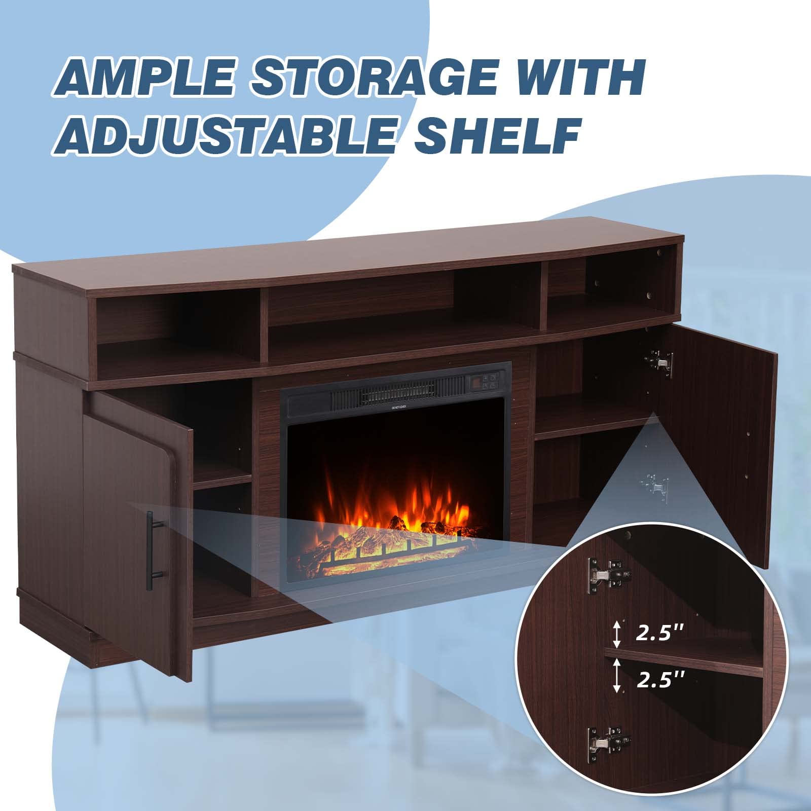 EROMMY 59'' Fireplace TV Stand with 23'' Electric Fireplace Insert, Entertainment Center with Adjustable Shelves, TV Console for TVs up to 65'' for Living Room, Bedroom, Office, Rustic Walnut