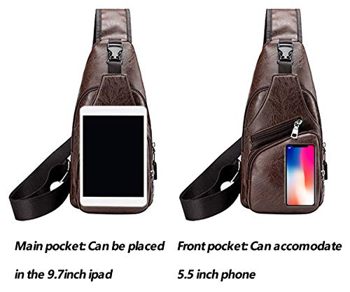 JUMO CYLY Leather Sling Bag with USB Charging Port Large Mens Crossbody Shoulder Bag Travel Sling Chest Bag (Small Deep Brown)