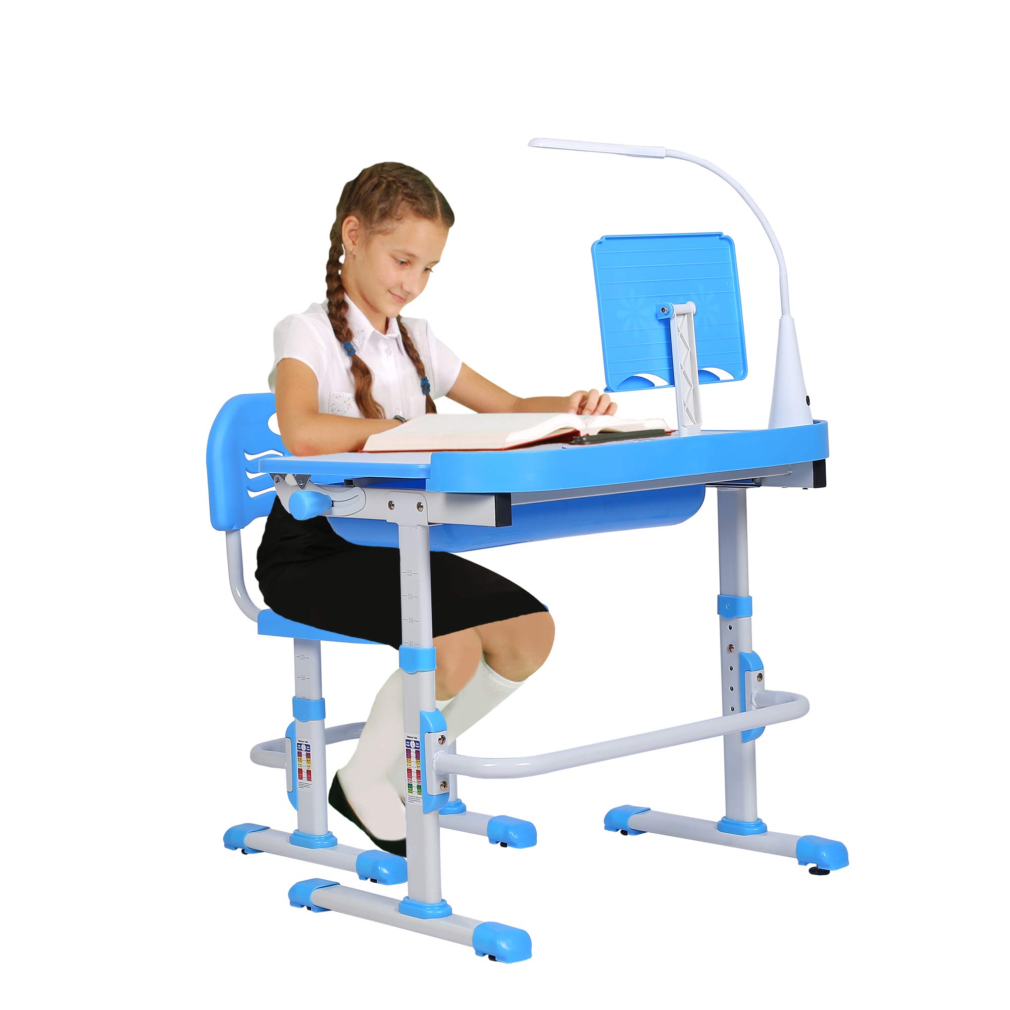 SMAGREHO Kids Desk and Chair Set, Height Adjustable Child's School Study Writing Tables with Tilt Desktop, LED Light, Storage Drawer, Book Stand (Pink)