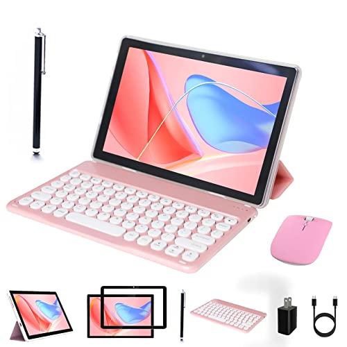 Tablet 10 Inch Android Tablets, 2 in 1 Tablet With Keyboard 64GB+4GB RAM 10.1" Tablets, 8MP Camera 6000mAh Battery, Include Keyboard/Mouse/ Case/ Stylus Pen/Tempered Film Wifi Tab Pink/Girl Tablet PC