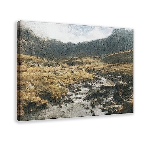 Cottage Mountain Landscape Vintage Wall Art Antique Oil Painting Earth Tone Decor Moody Scenery Poster Frame-b 12x18inch(30x45cm)