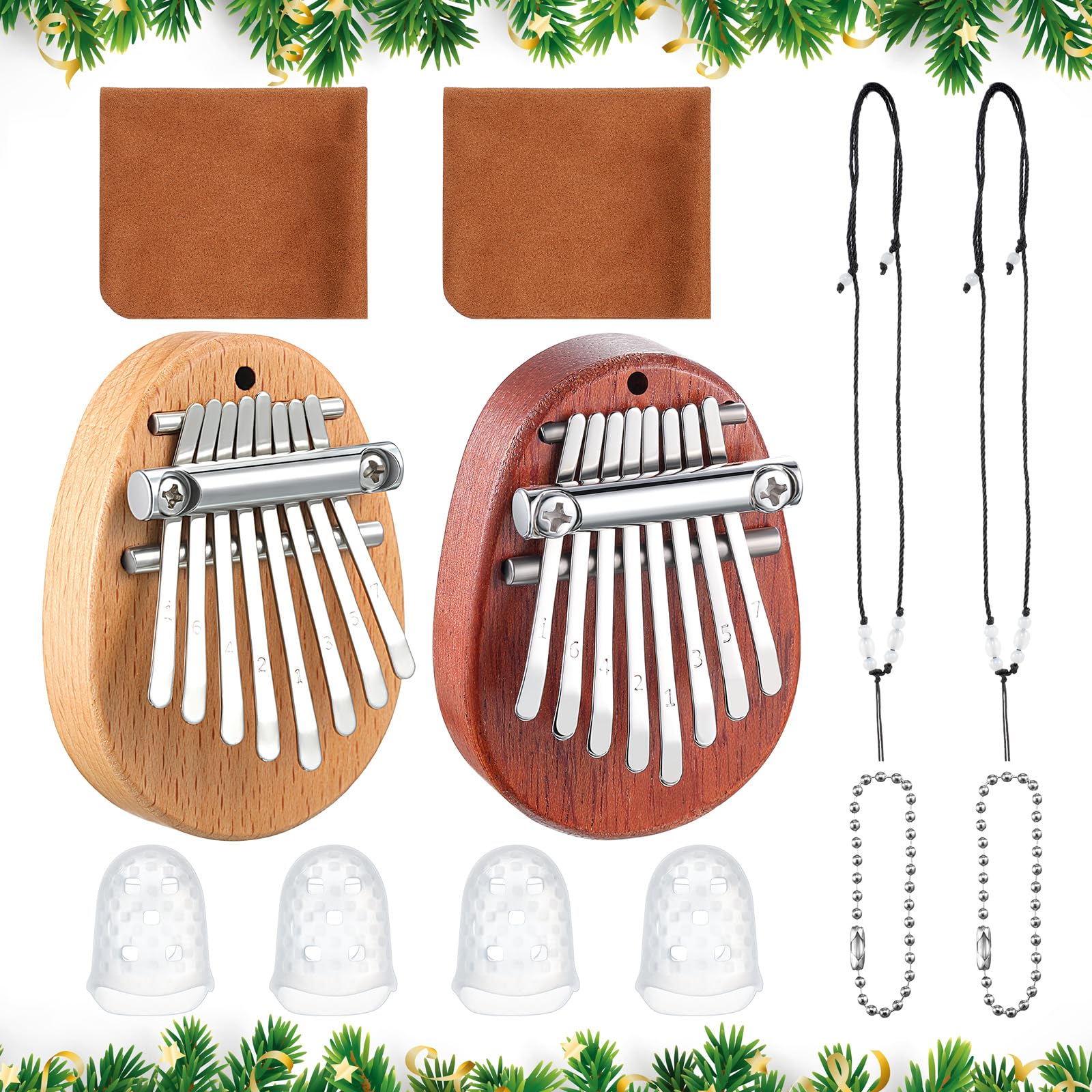 EBOOT 10 Pieces 8 Keys Mini Kalimba Piano Set Include Mini Finger Thumb Piano with Lanyard Chain, Finger Protector and Cleaning Cloth for Kids and Adults Beginners(Oval, Wood)