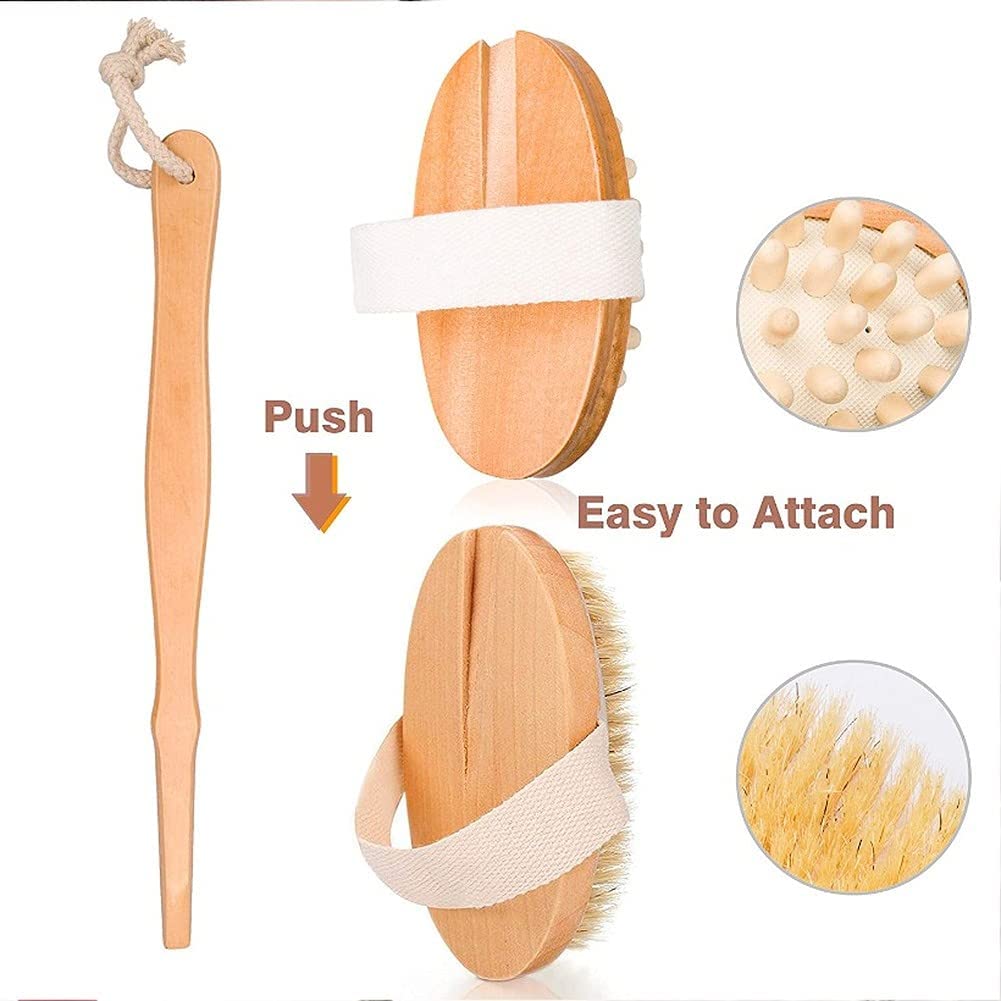 Premium Dry Brushing Body Brush Set,Exfoliating body scrubber with long handle, Natural Boar Bristle Body Brush,Face Cleansing Brush,body brush set for lymphatic drainage,Great Gift for A Glowing Skin