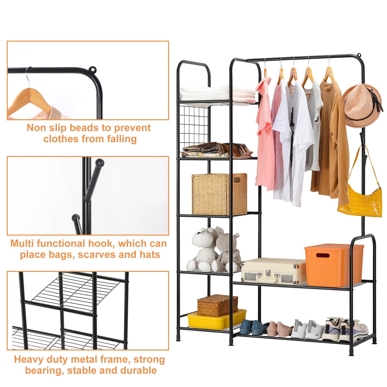 HEOMU Garment Rack with Shelves, Freestanding Clothes Rack, Portable Clothing Racks for Hanging Clothes, Coats, Shirts, Black