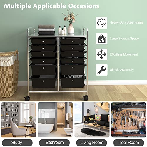 Giantex 12-Drawer Rolling Storage Cart, Multipurpose Movable Organizer Cart, Utility Cart for Home, Office, School (Black)