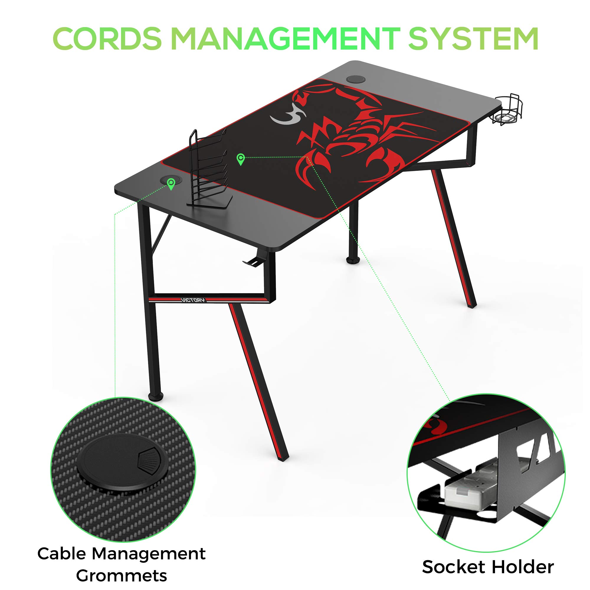 EE EUREKA ERGONOMIC Gaming Desk 47 Inch, Small Gaming Computer Desk Table for Small Space Gamer Desk with Mouse Pad Headset Hook Cup Holder Controller Stand, Black