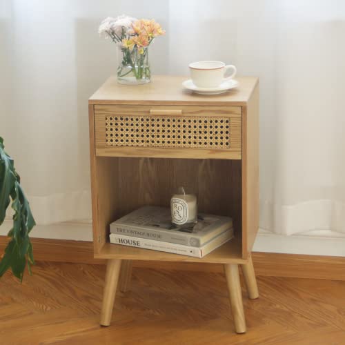 MaxSmeo Rattan Nightstand Small Side Table, End Table Living Room Modern Nightstand, Wood Nightstand with Drawers and Open Shelf (Natural Walnut)