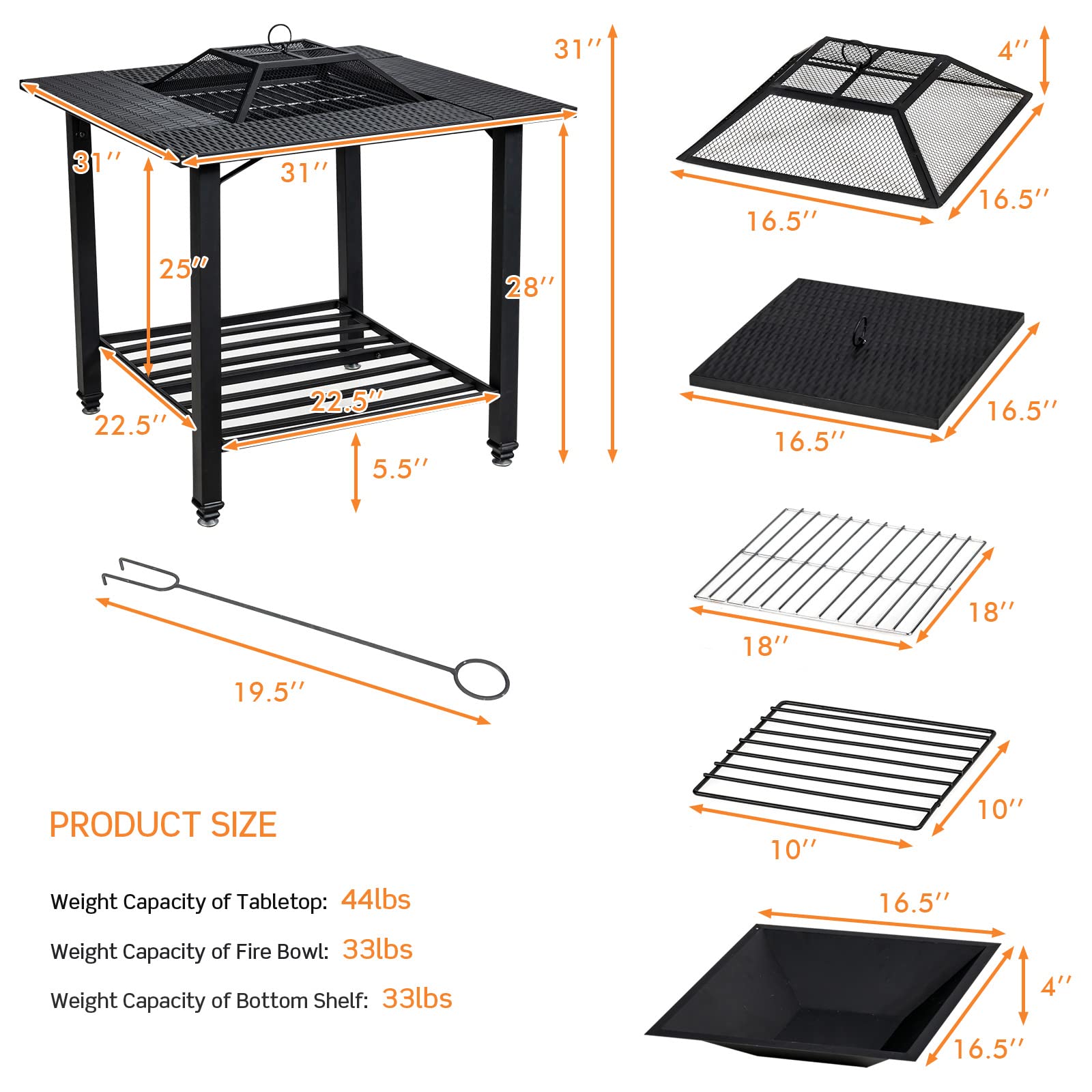 Giantex 4-in-1 Wood Burning Fire Pit, Square Firepit Table with Mesh Cover, Removable Lid, Cooking Grate, Log Grate and Fire Poker, Outdoor Fire Table for Garden Poolside Balcony