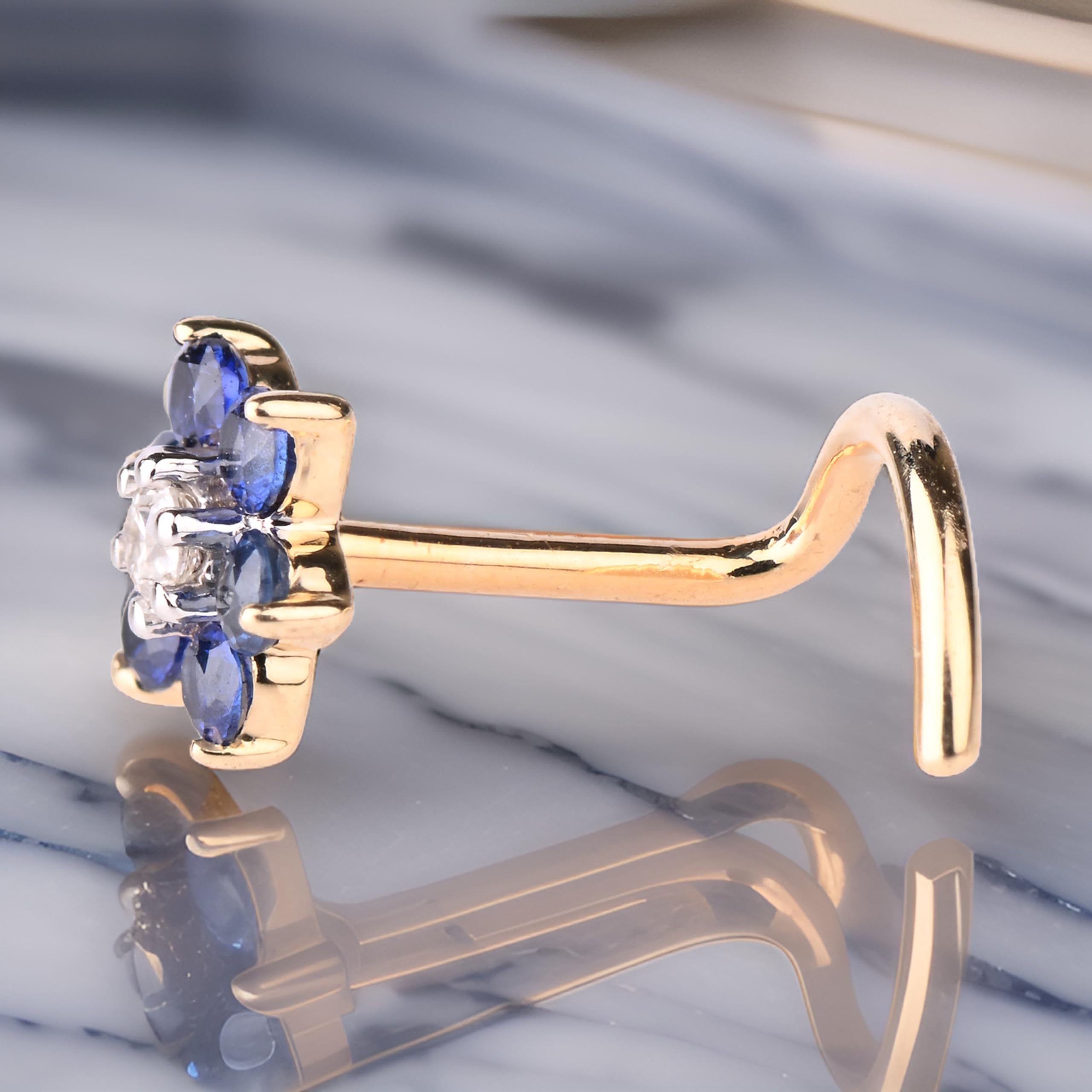Demira Jewels 14K Yellow Gold Nose Piercing Wire Setting Stud with Real Diamond and Natural Blue Sapphire Flower β Elegant Wedding Nose Ring, Stunning Bridal Nose Jewelry.