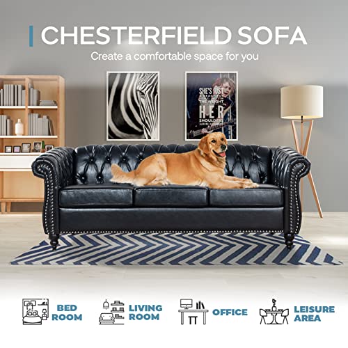 Vaztrlus Chesterfield Sofas for Living Room, Rolled Arm 3-Seater Leather 84" Large Couch Deep Button Nailhead Tufted Black Upholstered Couches for Bedroom, Office Apartment Easy to Assemble