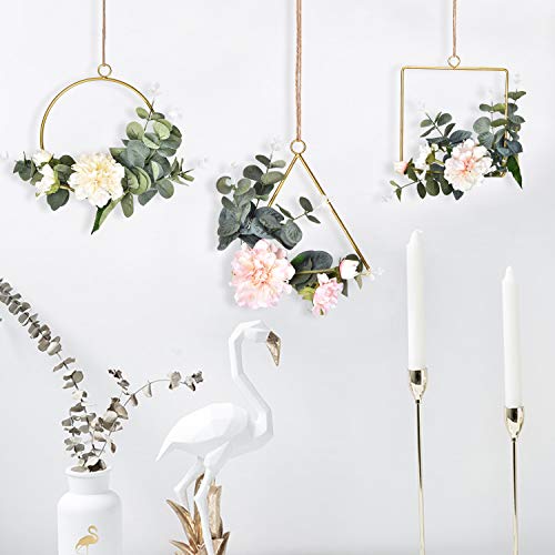 Dolicer Floral Hoop Wreath, Geometric Wire Round Triangle Square Hoop Frame of Artificial Peony Flower and Eucalyptus Vine Wreath for Wedding Backdrop Wall Garden Balcony Home Decor, 3 Pcs, White…