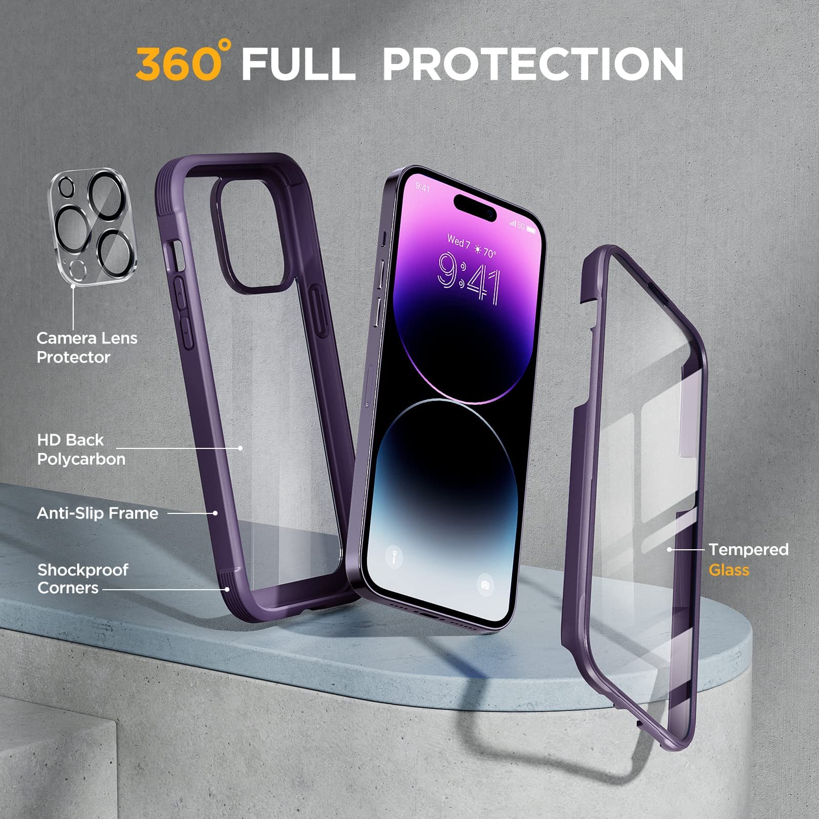 Miracase Glass Series Designed for iPhone 14 Pro Max Case 6.7 Inch, 2023 Upgrade Full-Body Bumper Case with Built-in 9H Tempered Glass Screen Protector with Camera Lens Protector, Noble Purple