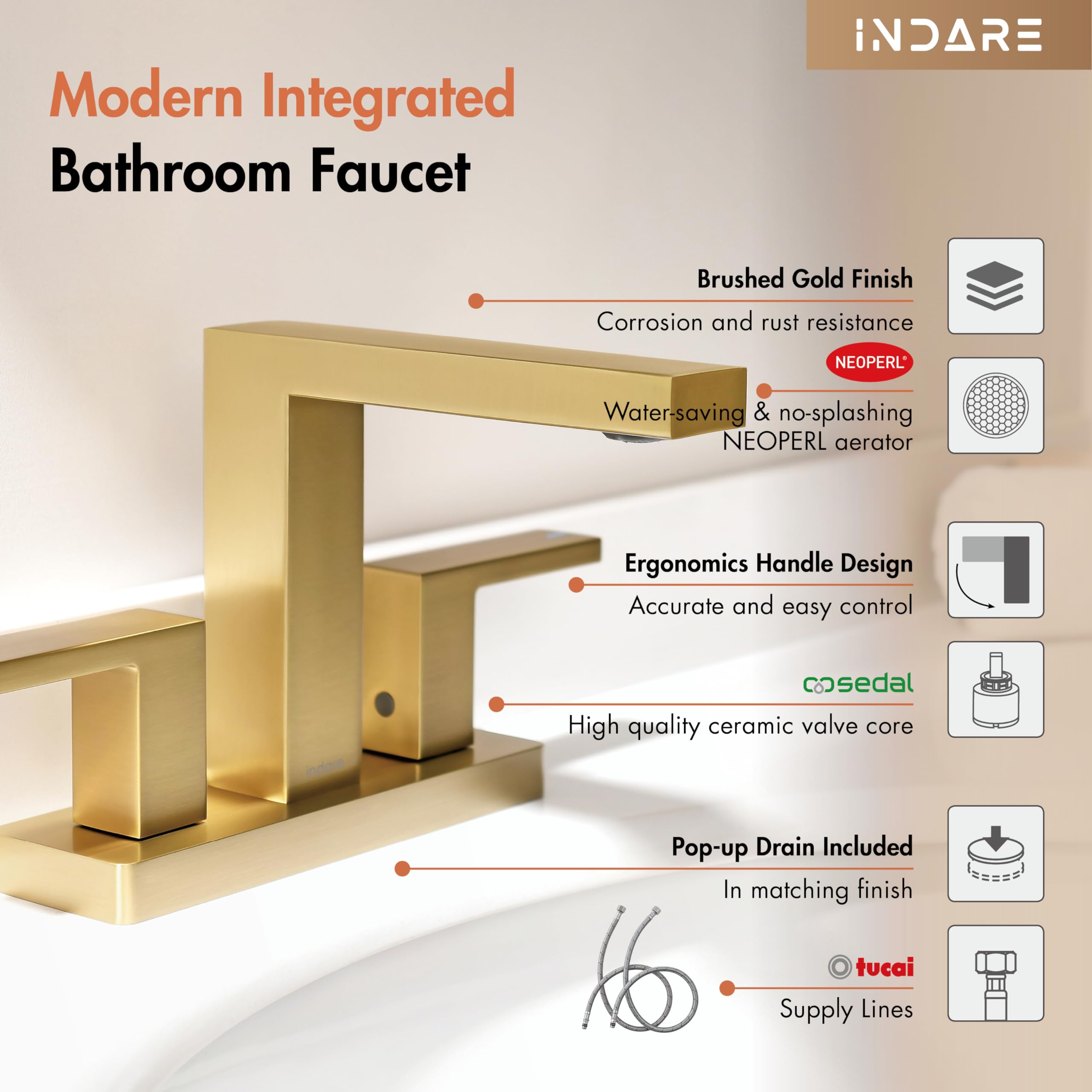 INDARE 2 Handle Centerset Bathroom Faucet, Gold Bathroom Faucets for Sink 3 Hole, 4-Inch Bathroom Sink Faucet, Bathroom Faucets with Pop-Up Drain & Supply Lines, Brushed Gold,110107-BG-1