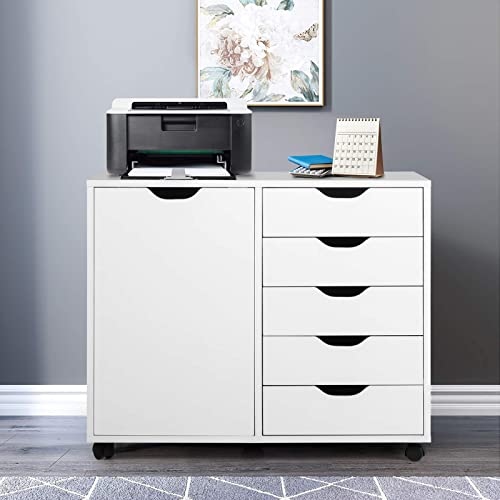 Giantex Drawers Cabinet Mobile Lateral Filing Organizer with 5 Drawers,1 Side Cabinet and Wheels Mobile Chest for Home Office Storage Use Dresser (31βx 15.5β x 25.5β, White)