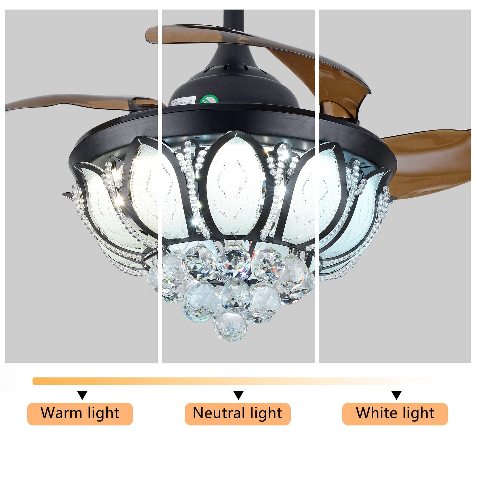 DYRABREST Invisible Ceiling Fan with Retractable Blades and Remote Control 36inch Ceiling Fan Light Covers Crystal Chandelier Fan Light Bladeless Ceiling Fan for Livingroom Bedroom Home (36 inch)