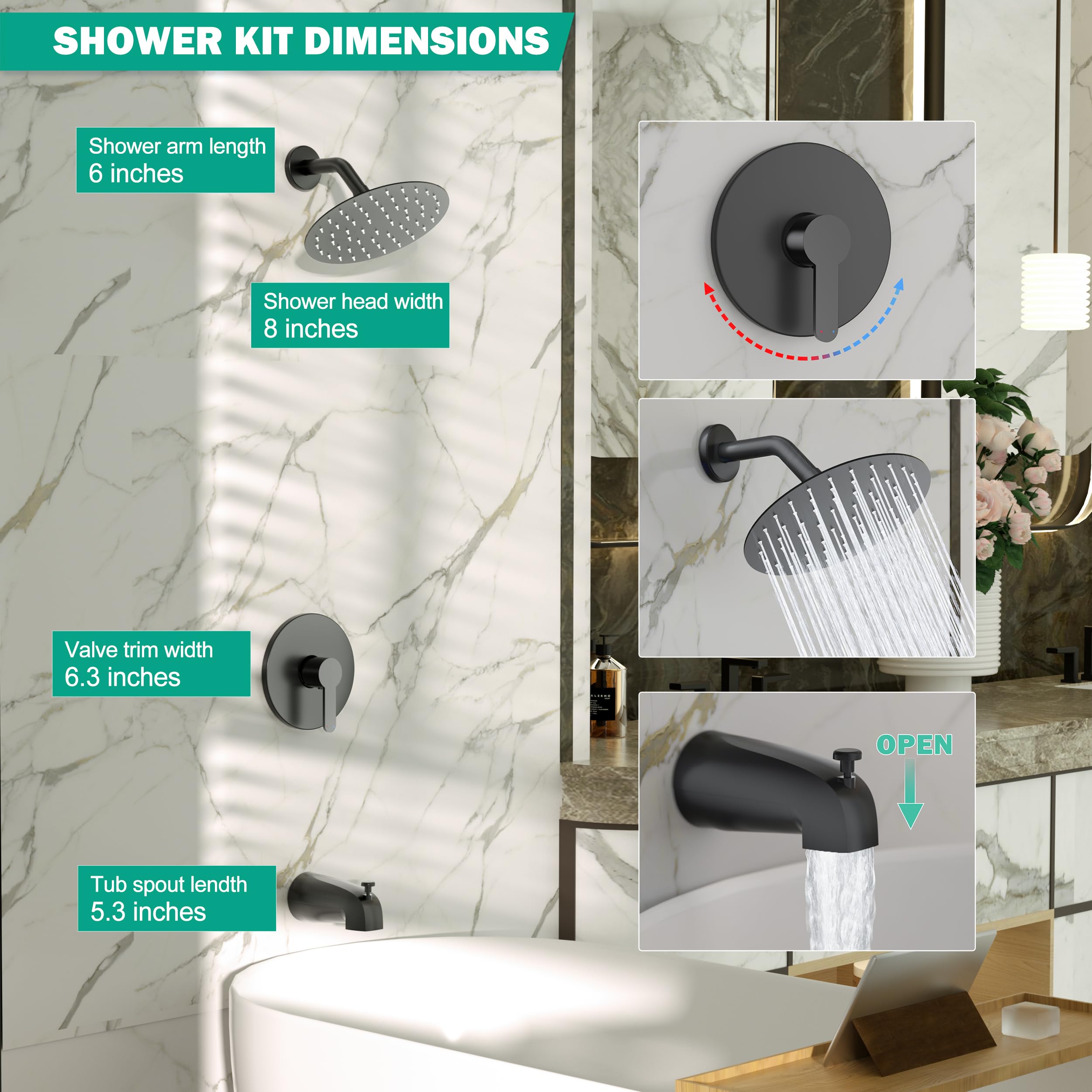 Esnbia Tub Shower Kit(Shower Valve Include), Black Shower Faucet Set with 8-Inch Rain Shower Head and Handle, Bathtub Shower Faucet Set, Single-Handle Tub and Shower Hardware Set, Matte Black