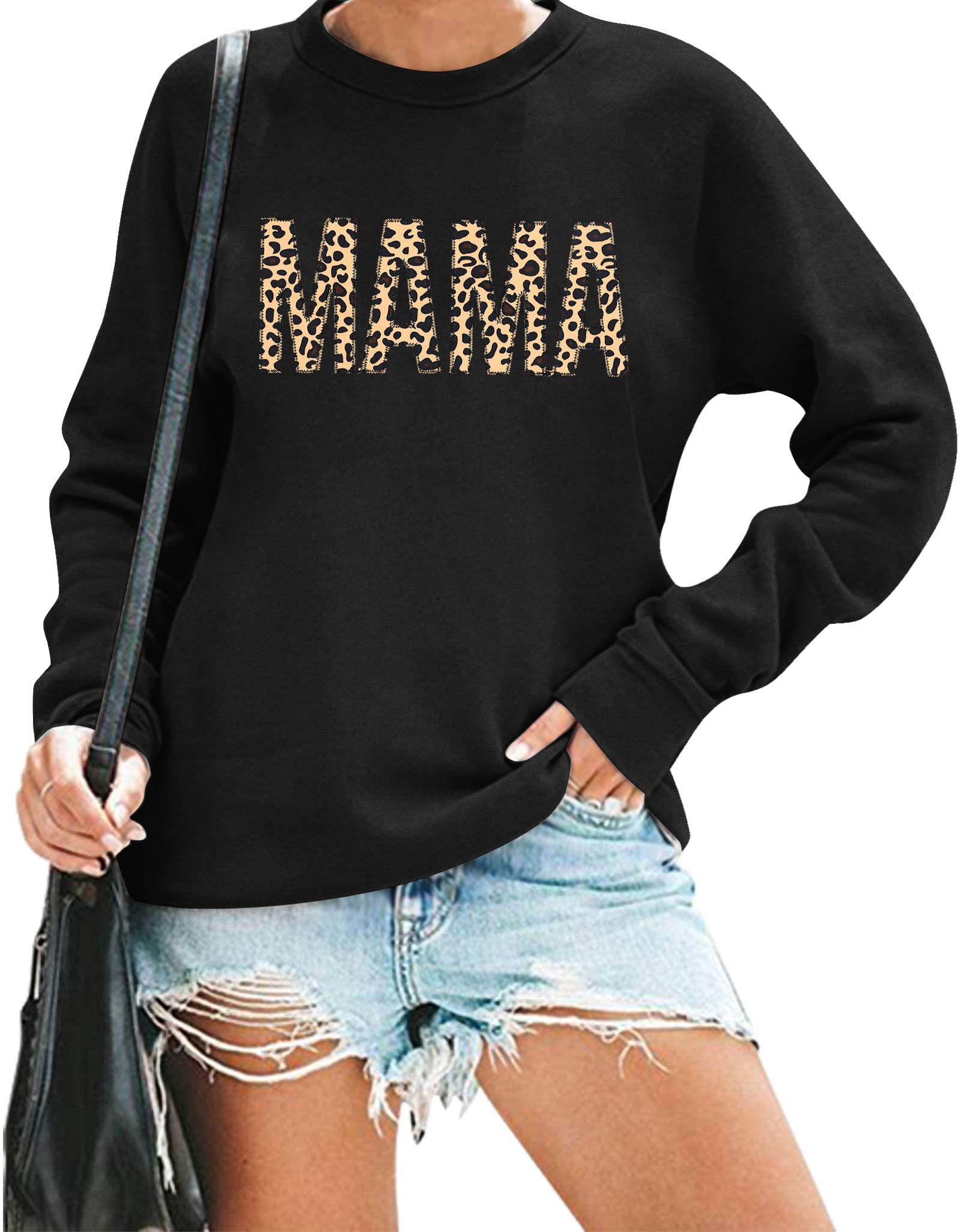 EGELEXY Mama Sweatshirts Women Embroidery Mom Life Blouse Mama Crewneck Pullover Long Sleeve Tops Black