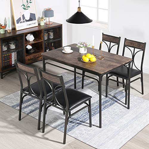 VECELO 5 Piece Kitchen Set Room,Dinette,Breakfast Nook,Industrial Style, Dining Table for 4, Retro BRN