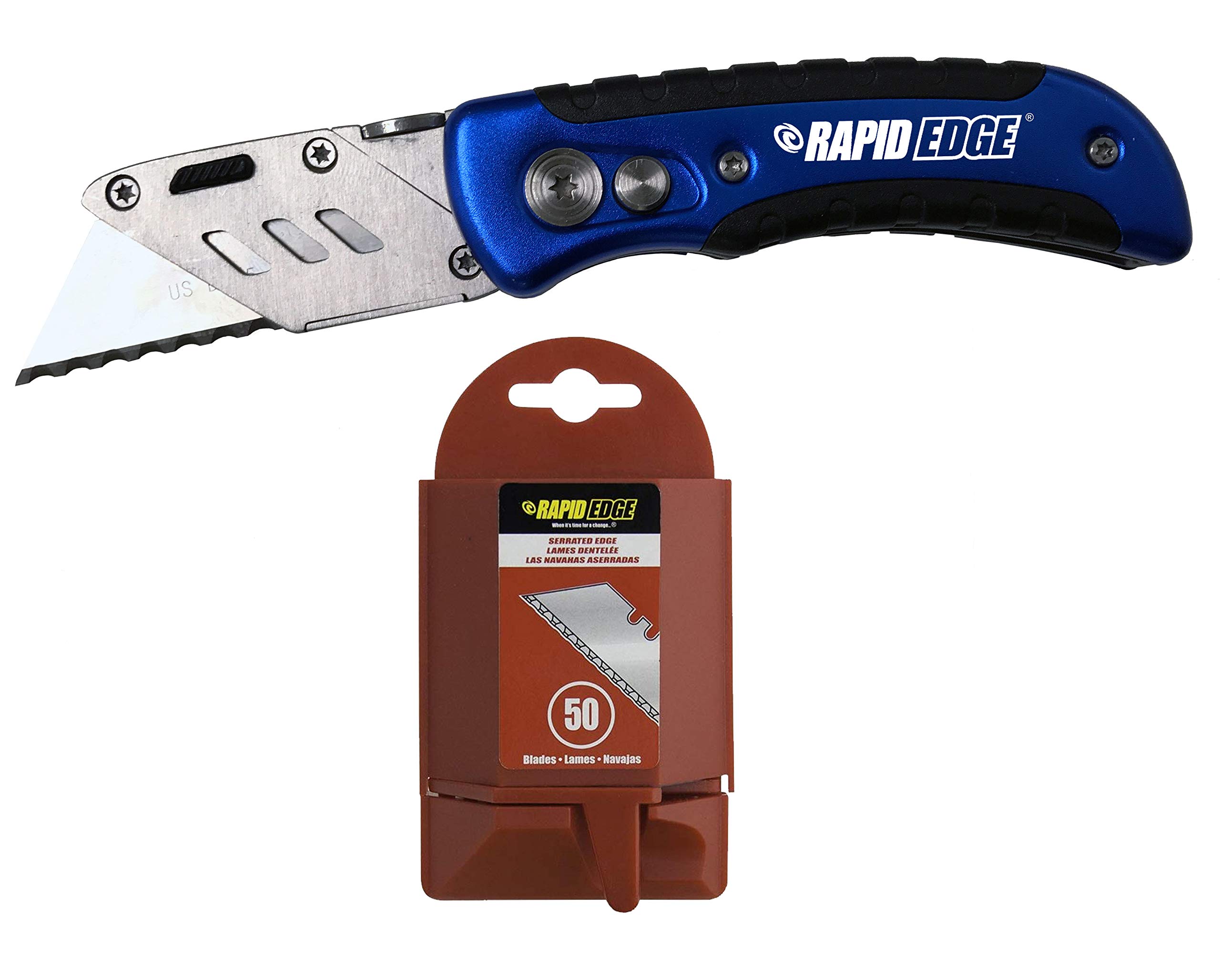 Rapid Edge Folding Utility Knife with Serrated Blade, Anodized Aluminum Handle, 5X Longer Blade Life and Quick Change Button(with 5 pack blades)