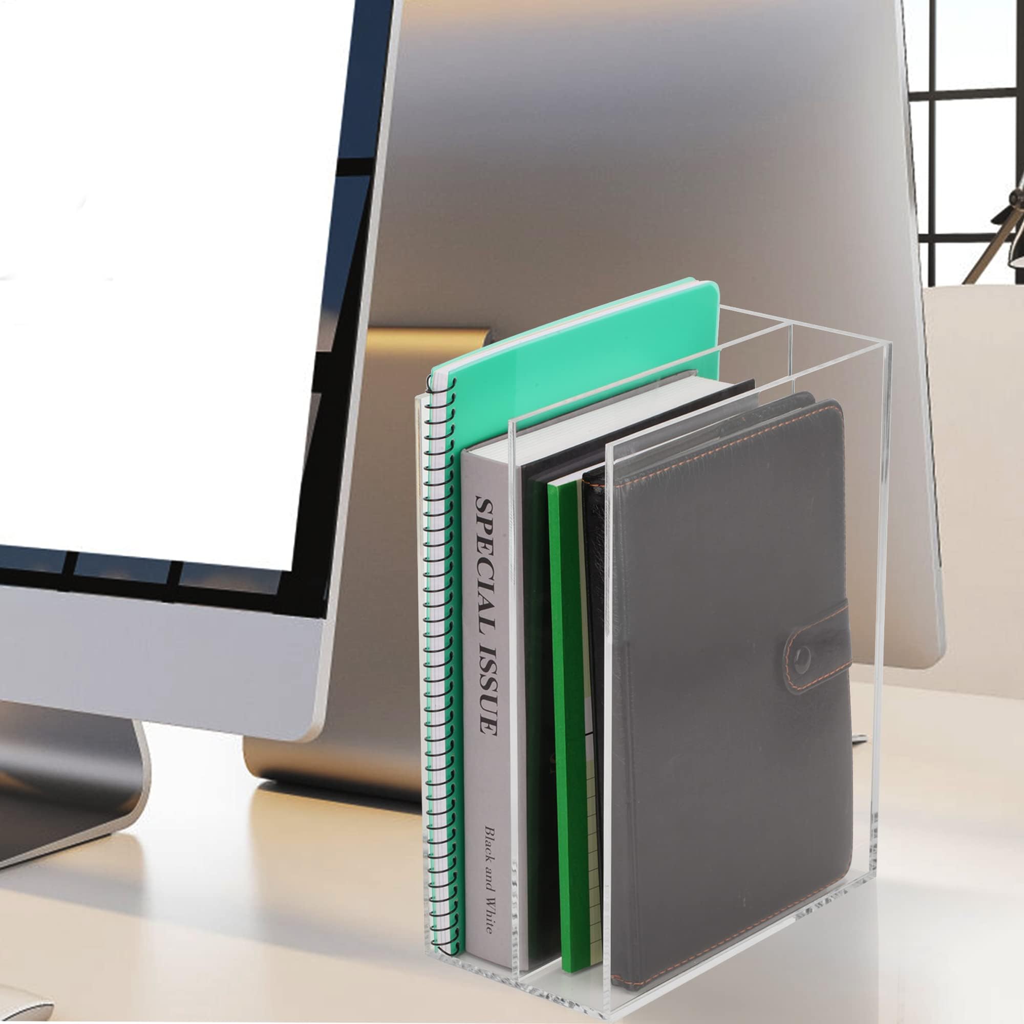 Esonmark Clear Acrylic File Holder 2 Section Magazine File Organizer for Desk Office Home Desktop Sorter Folder for Documents Letter Paper Mail Storage 2 Pack (HF002)