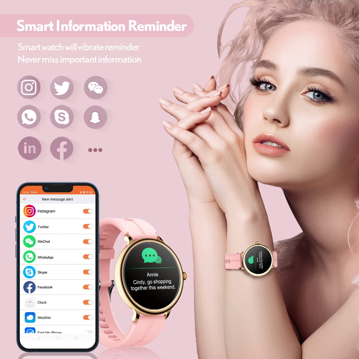 Weybon Smart Watch for Women Fitness Tracker: 1.09'' Touch Screen Smartwatch for Android & iOS Phone with Waterproof IP68 gold pink